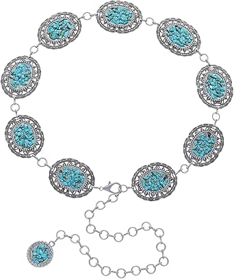 Western Women’s Turquoise Concho Chain Belt, Metal Antique Silver Waist ...
