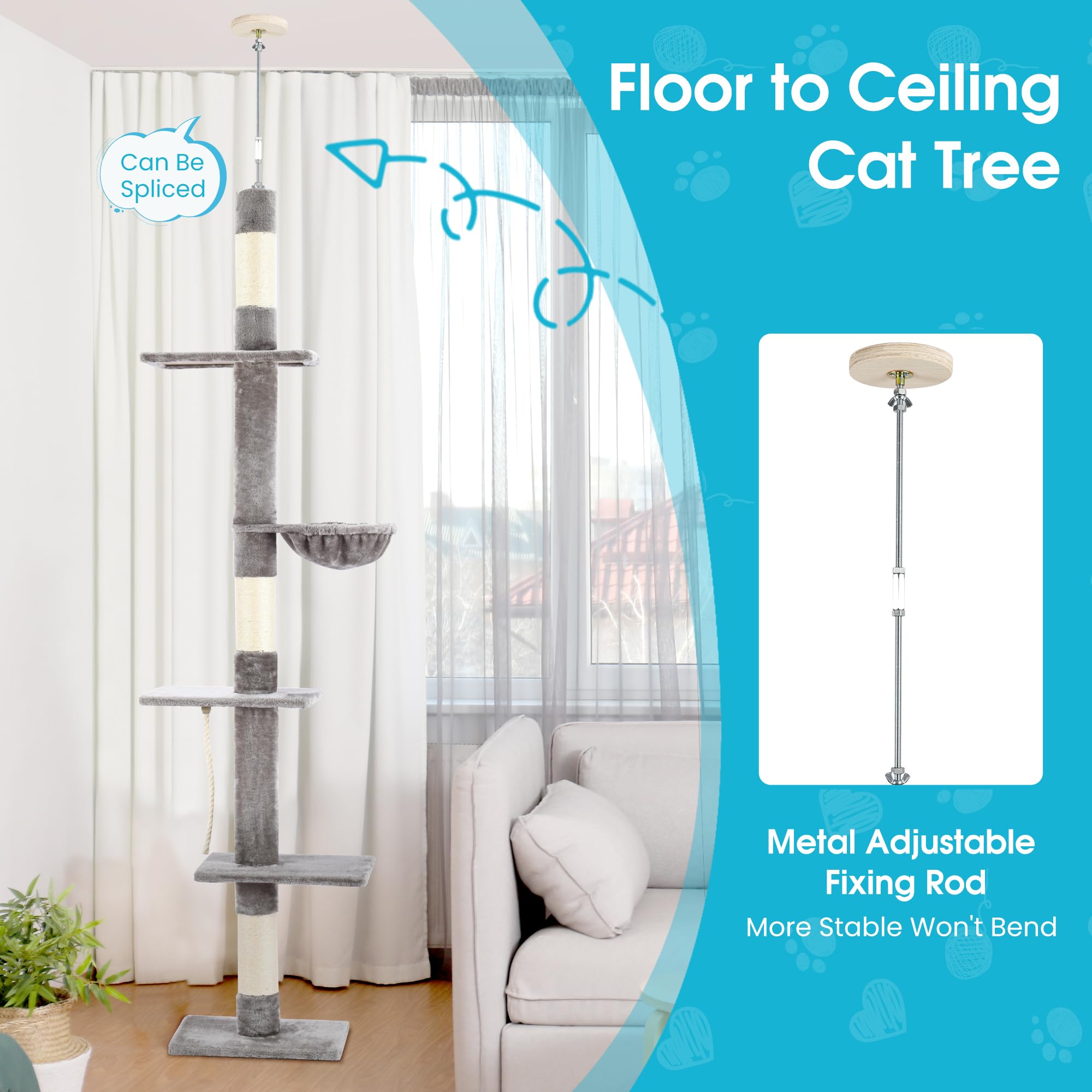 5-Tier Cat Tree, 89-109 Inch Adjustable Height, Sisal Scratching Post ...