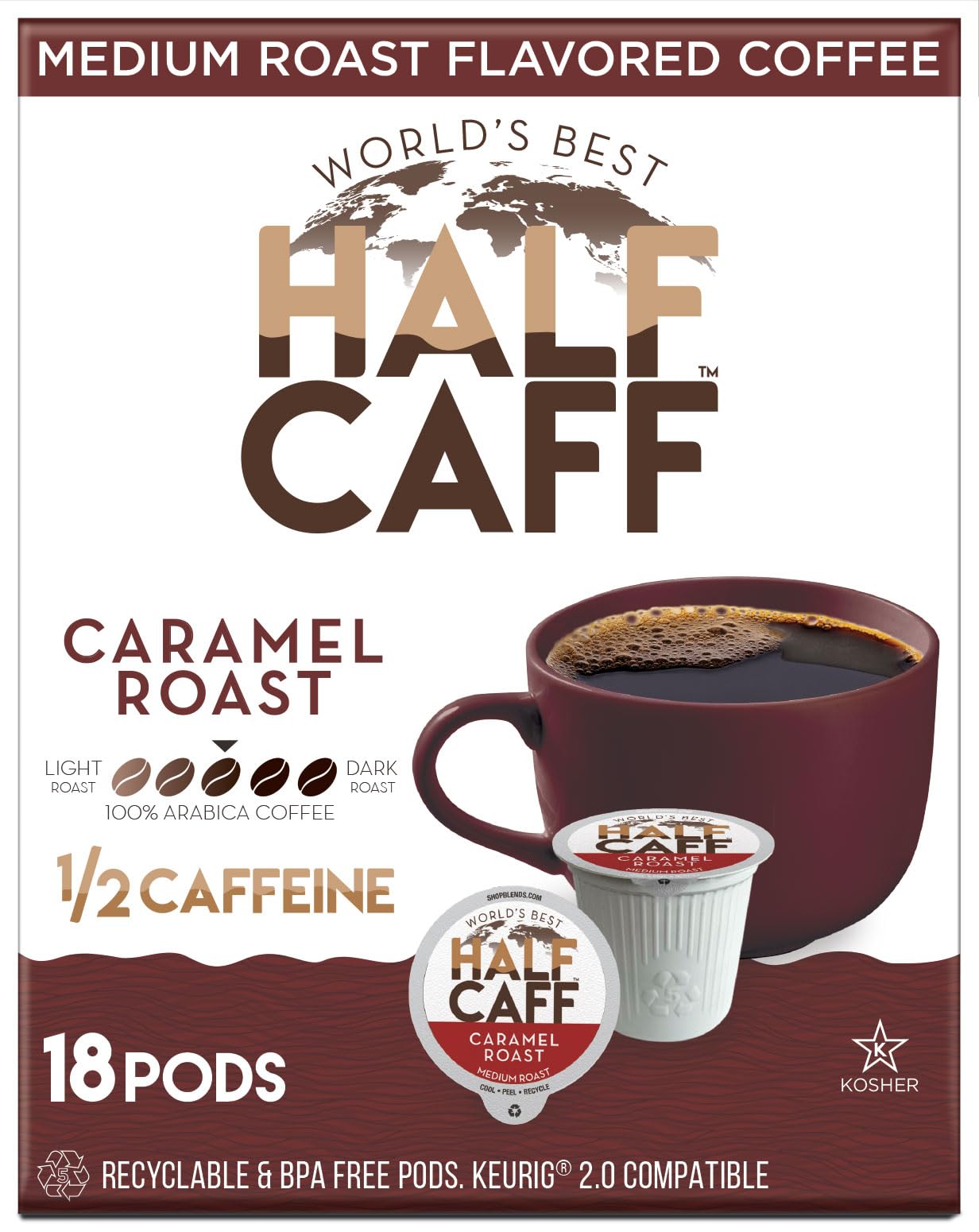 Amazon.com: World's Best Half Caff Caramel Coffee Pods, 18 ct, Medium ...