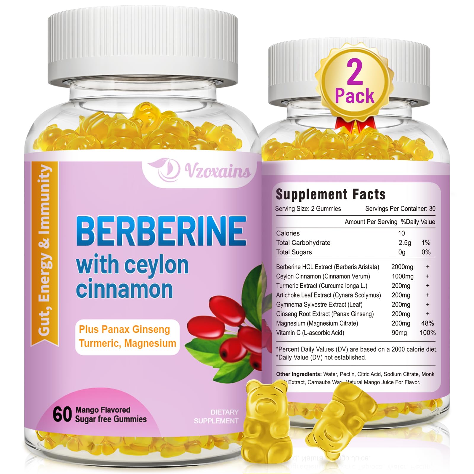 VZOXAINS Berberine com Gummies de Canela de Ceilão, Suplemento de ...