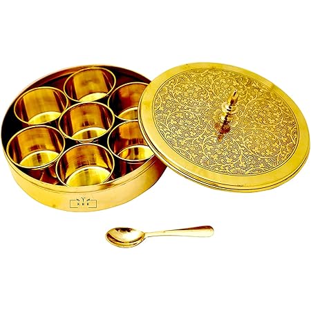 KBB Pure Brass Masala Box Set With Brass Spoon Spice Box Masala Dani ...