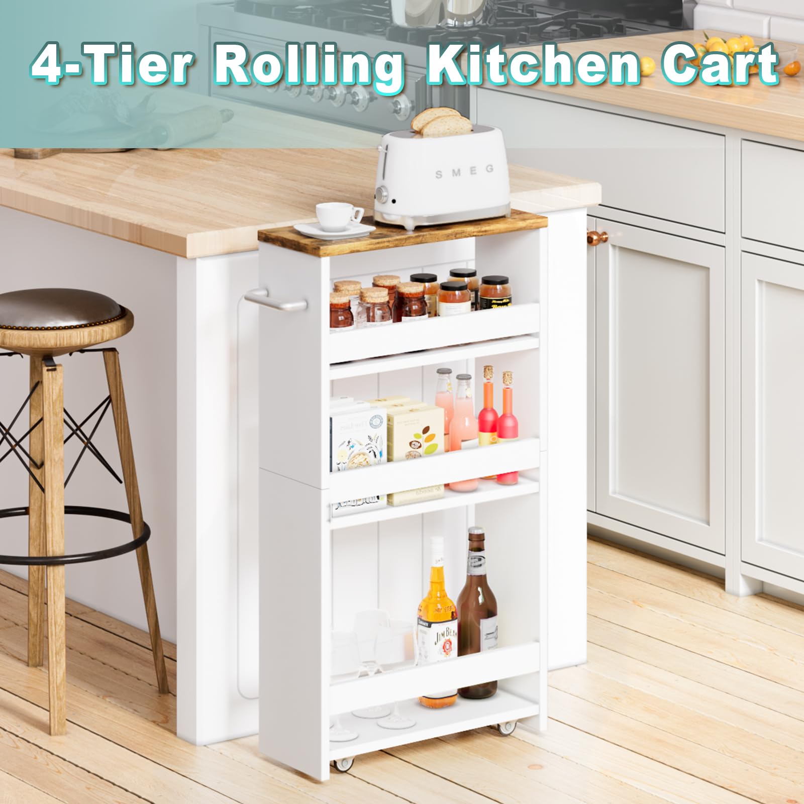 Snapklik.com : MARTY Rolling Storage Cart 4-Tier White Kitchen Cart On ...