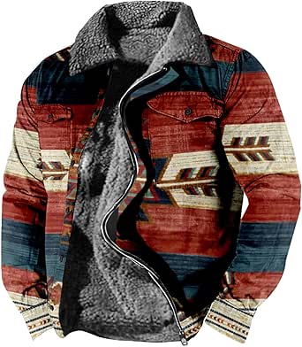 Mens Tactical Western Aztec Print Jackets Thicken Collared Cargo Coats ...