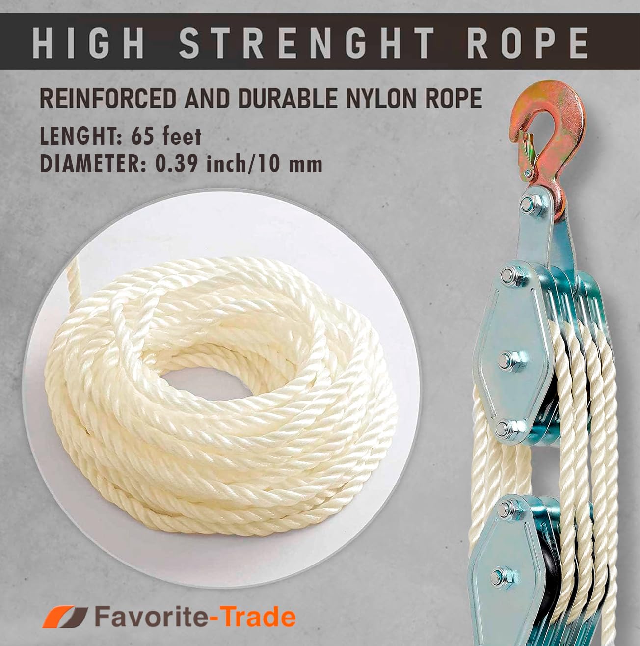 Favorite-trade Poly Rope Hoist Pulley Block, 6000-8000 LB 2 Ton 65 Feet ...