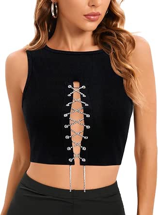 TYNORA Women's Lace Up Rhinestone Open Front Chain Crop Top Sleeveless ...
