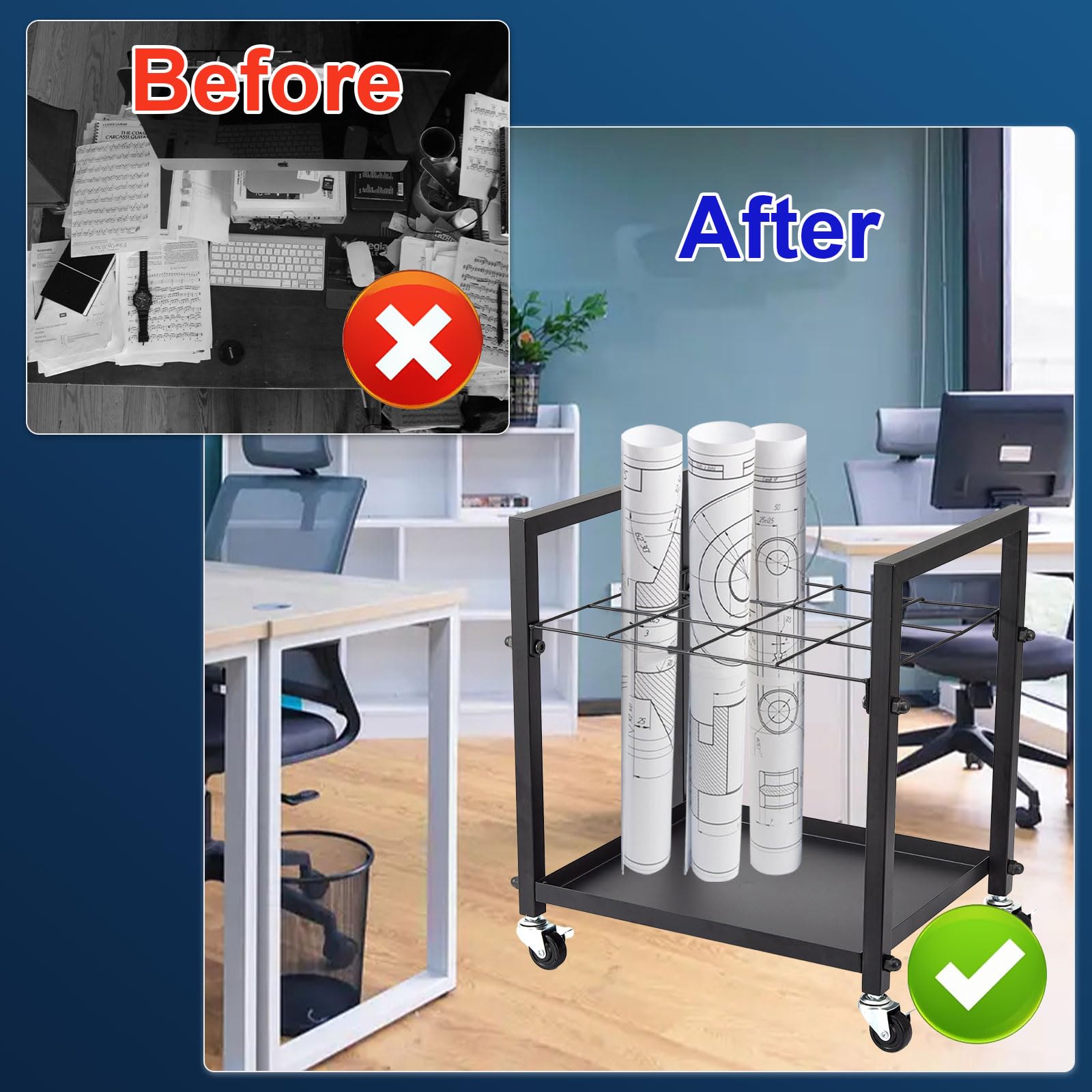 Blueprint Storage Rack Cart,Rolling File Cart with Wheels, Roll File ...