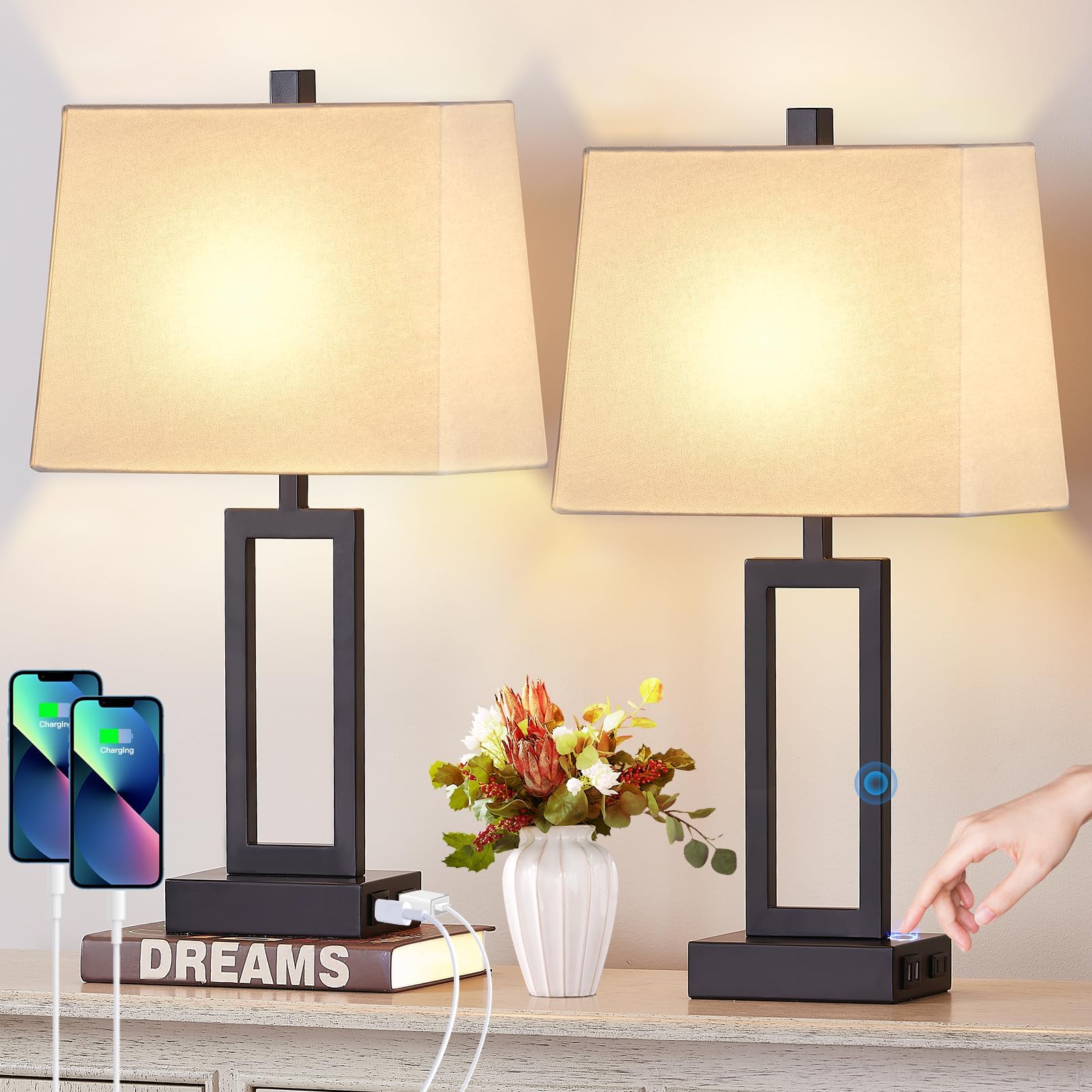 Touch Control Table Lamps Set of 2, Bedside Lamp with 2 USB Ports & AC ...