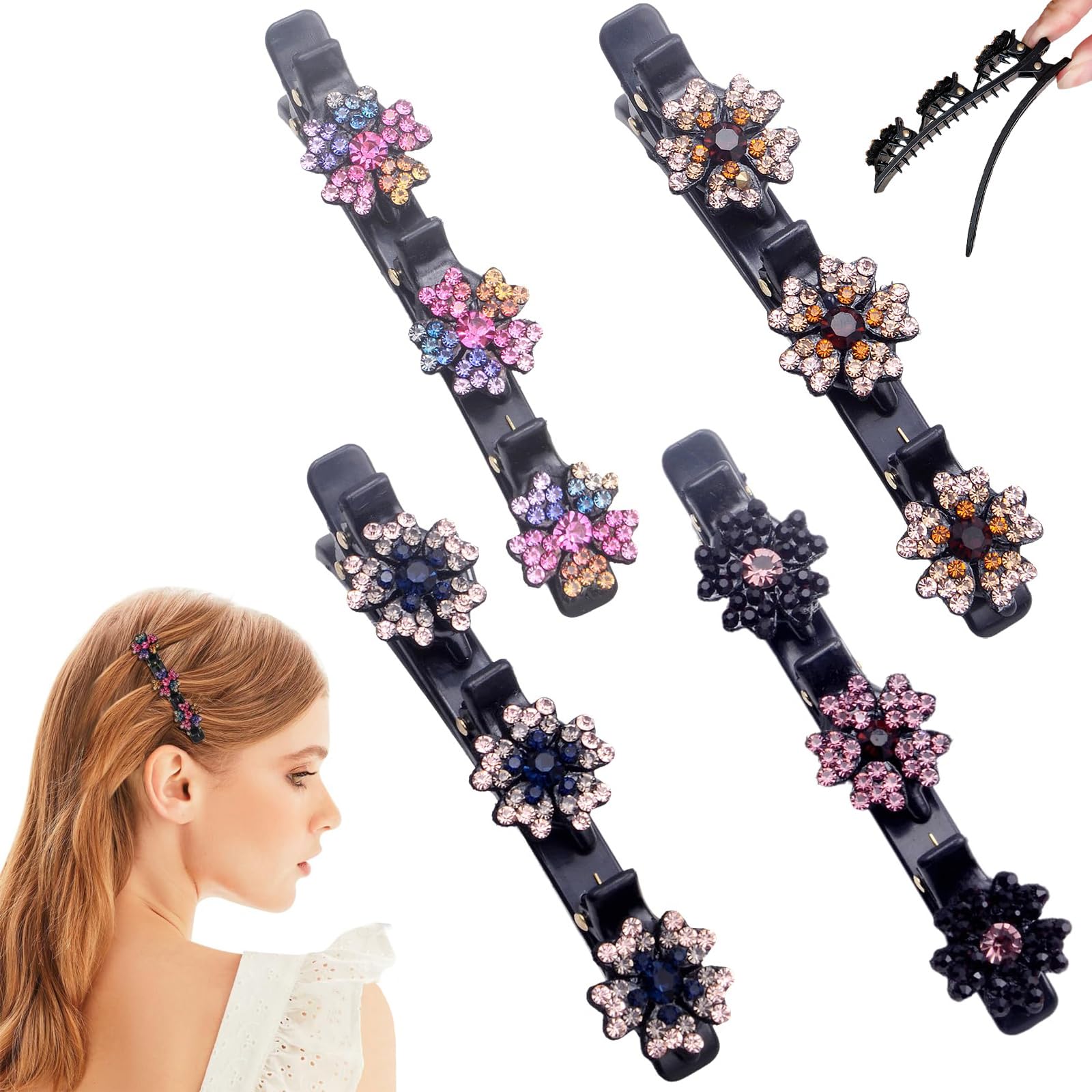 4Pcs Sparkling Crystal Stone Braided Hair Clips, 3 Flower-Shaped ...