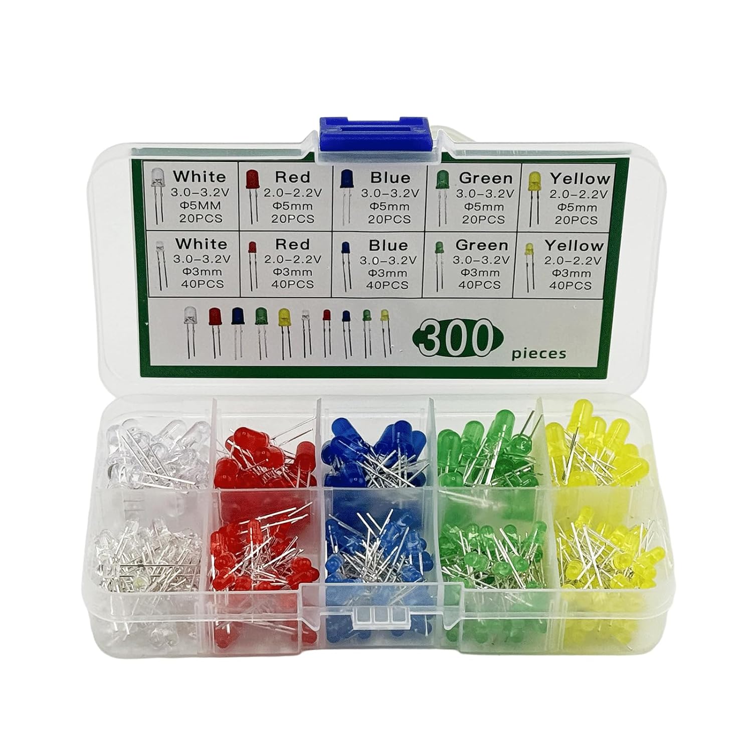ABSOK 5 Colors 300 Pcs F3 F5mm LED Diode Lights Assored Kit Pack (DC 2V ...