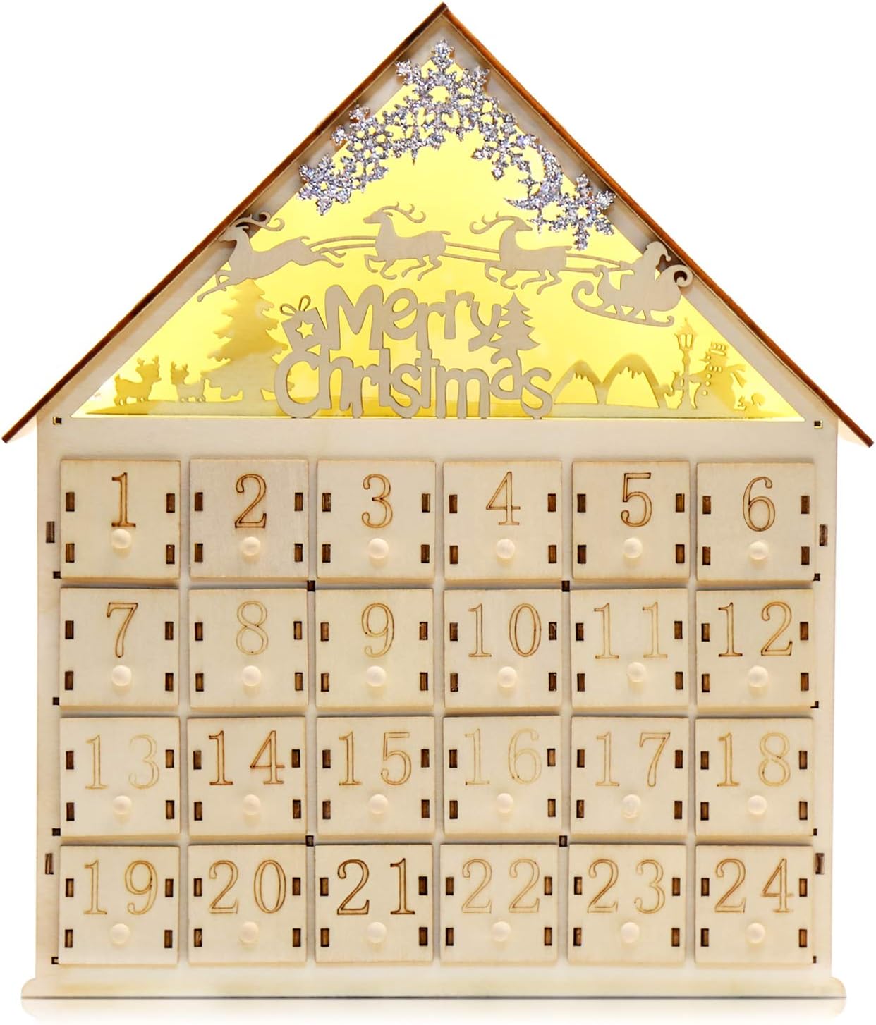 CCINEE Calendrier de l'Avent de Noël en bois avec lumière LED et 24 ...