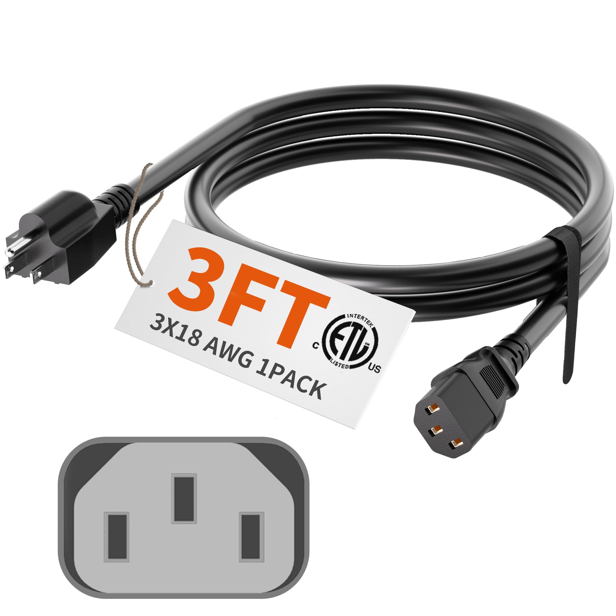 Amazon.com: HUANCHAIN 3 FT Power Cord 3 Prong, 18/3 PC Power Cable for ...
