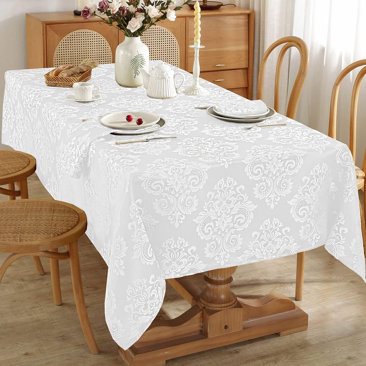 Amazon.com: SASTYBALE Damask White Tablecloth Rectangle 60 x 102 Inch ...