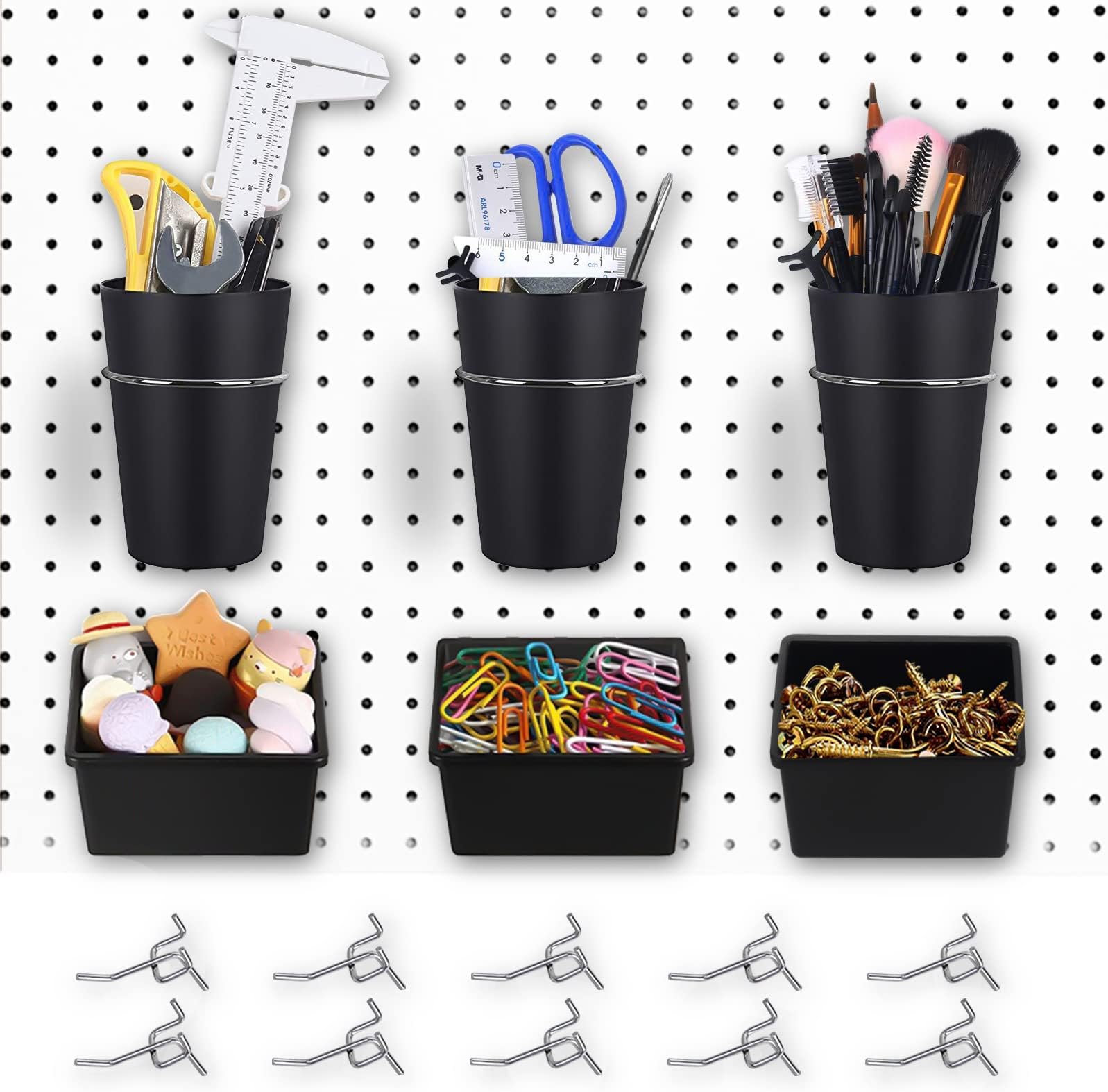 CIOUYAOS 6 Sets Pegboard Bins Pegboard Cups with Hooks and 10pcs Rings ...