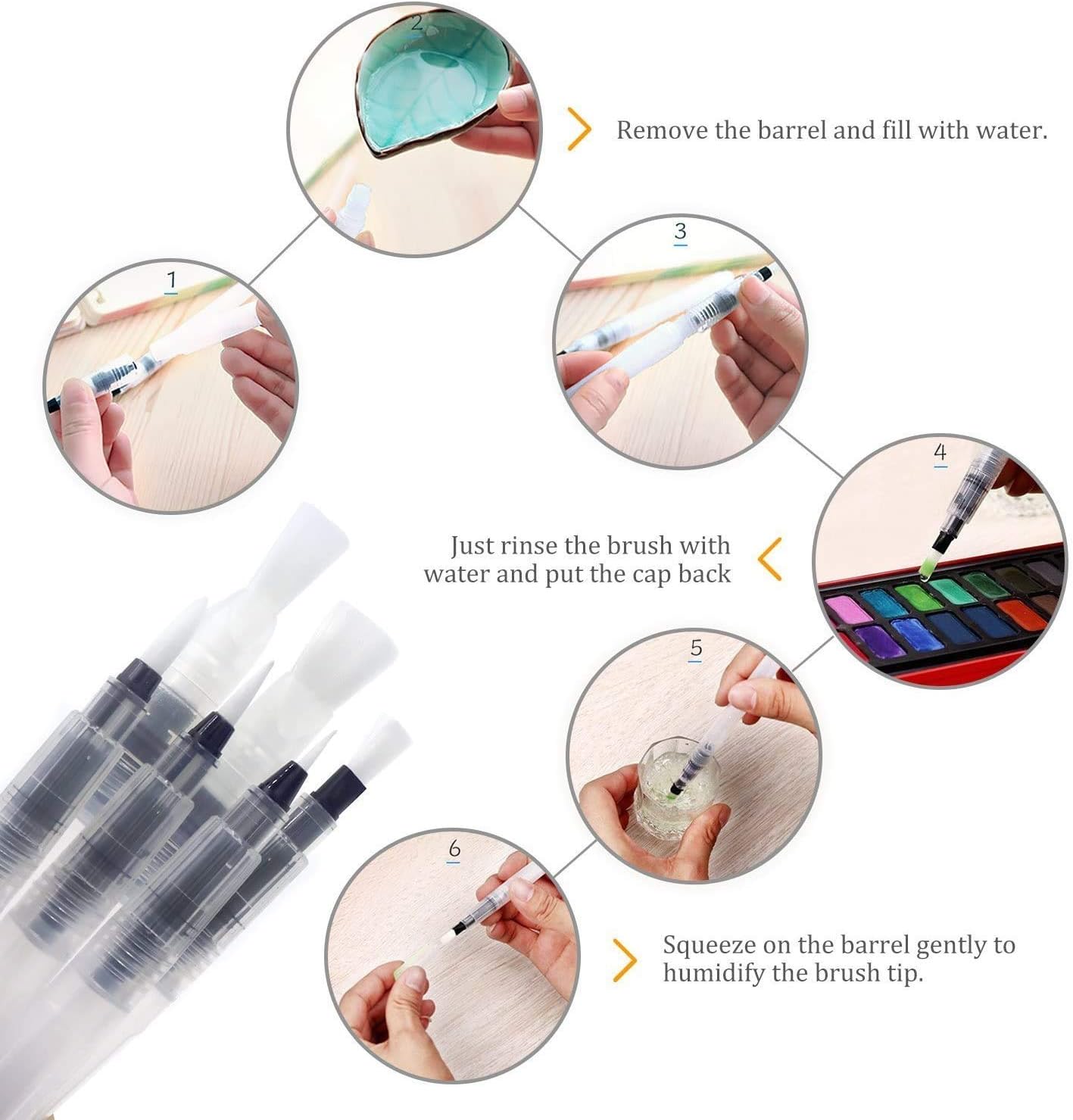 Lot de 6 stylos Pinceau à Eau, Stylo Pinceau à Eau avec réservoir d'eau ...