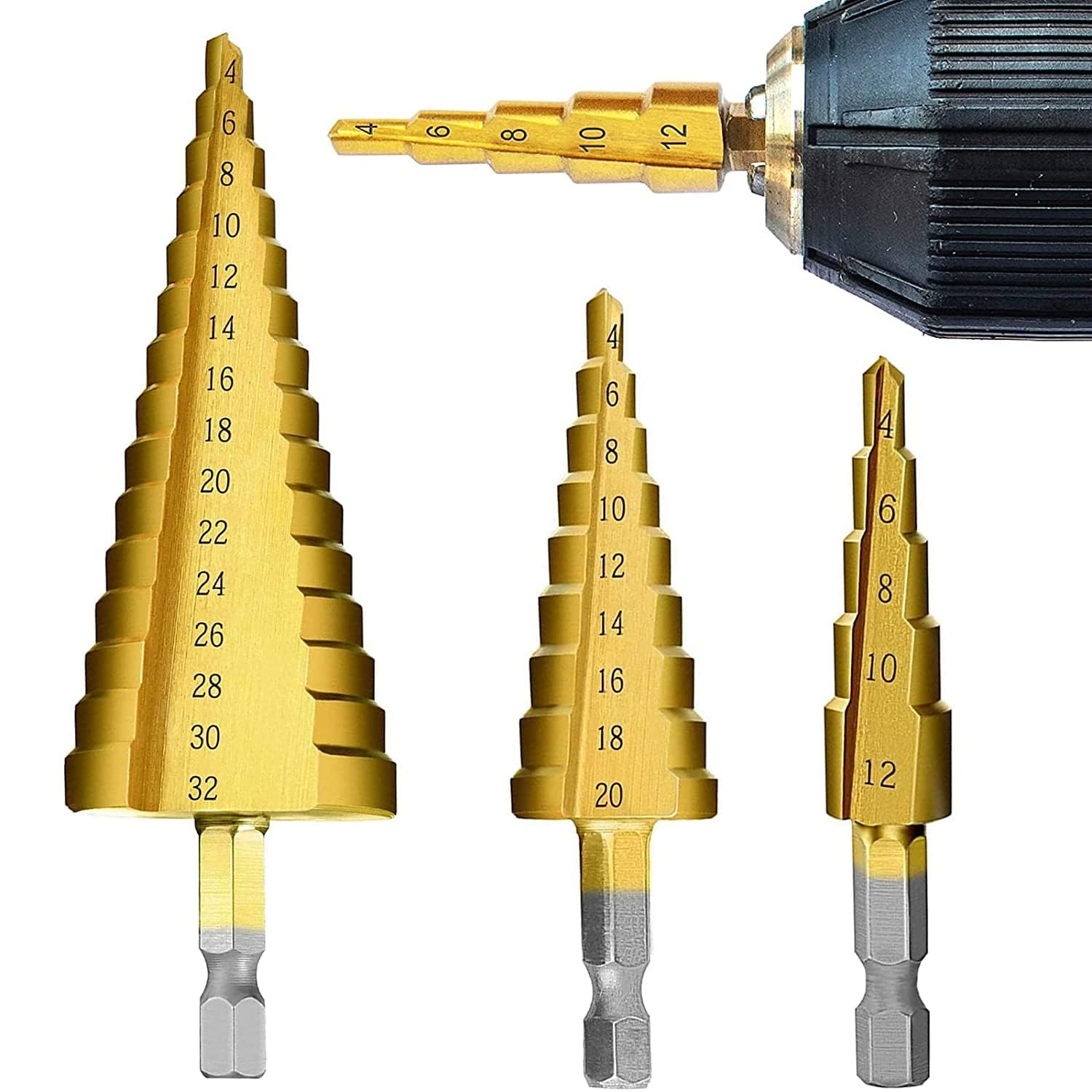 Cheston Titanium Coated Large Step Cone Hole Cutter Set - 3X HSS Drill ...