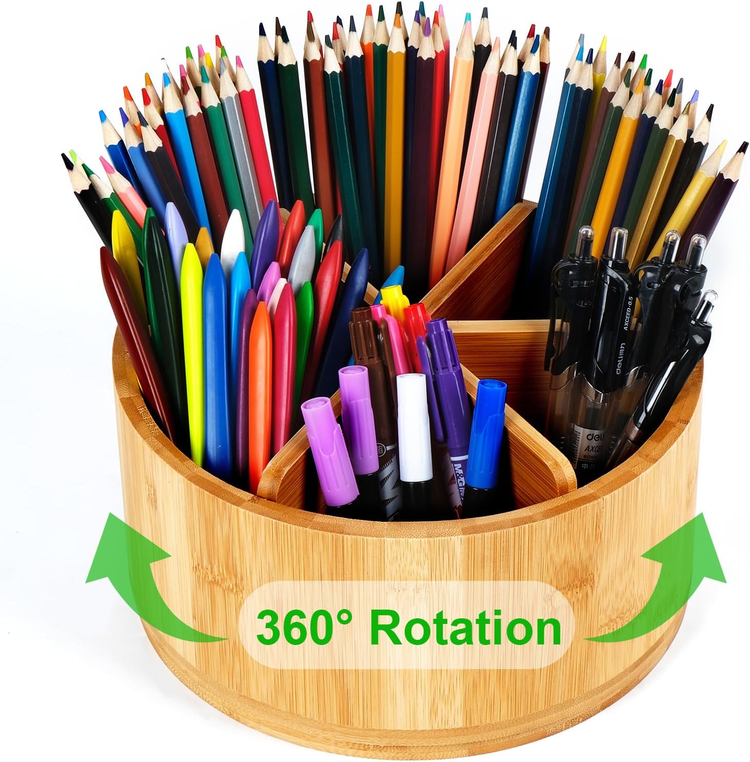360° Drehbarer Schreibtisch Organizer aus Bambus, Stiftehalter Holz mit Griff, Tisch Organizer ...