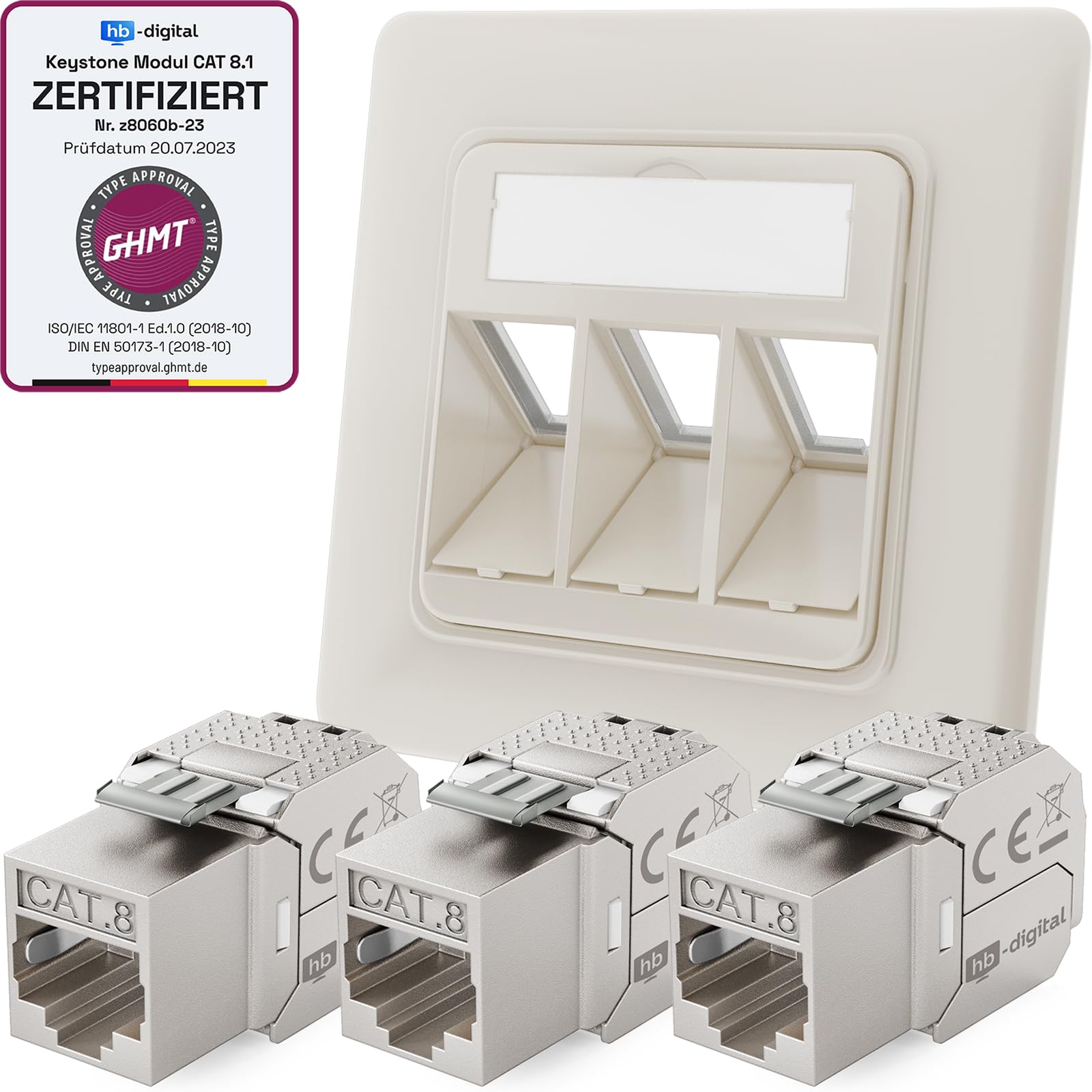 hb-digital Prise réseau 3 ports CAT 8 encastrée RAL9010 + 3X GHMT ...