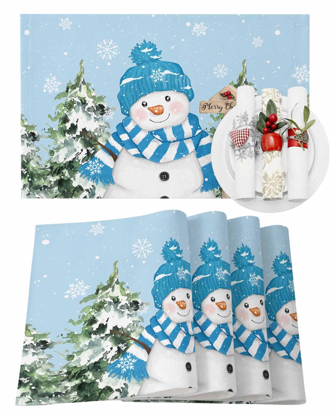 Amazon.com: Christmas Placemats Set of 4 Snowman Place Mats Blue ...