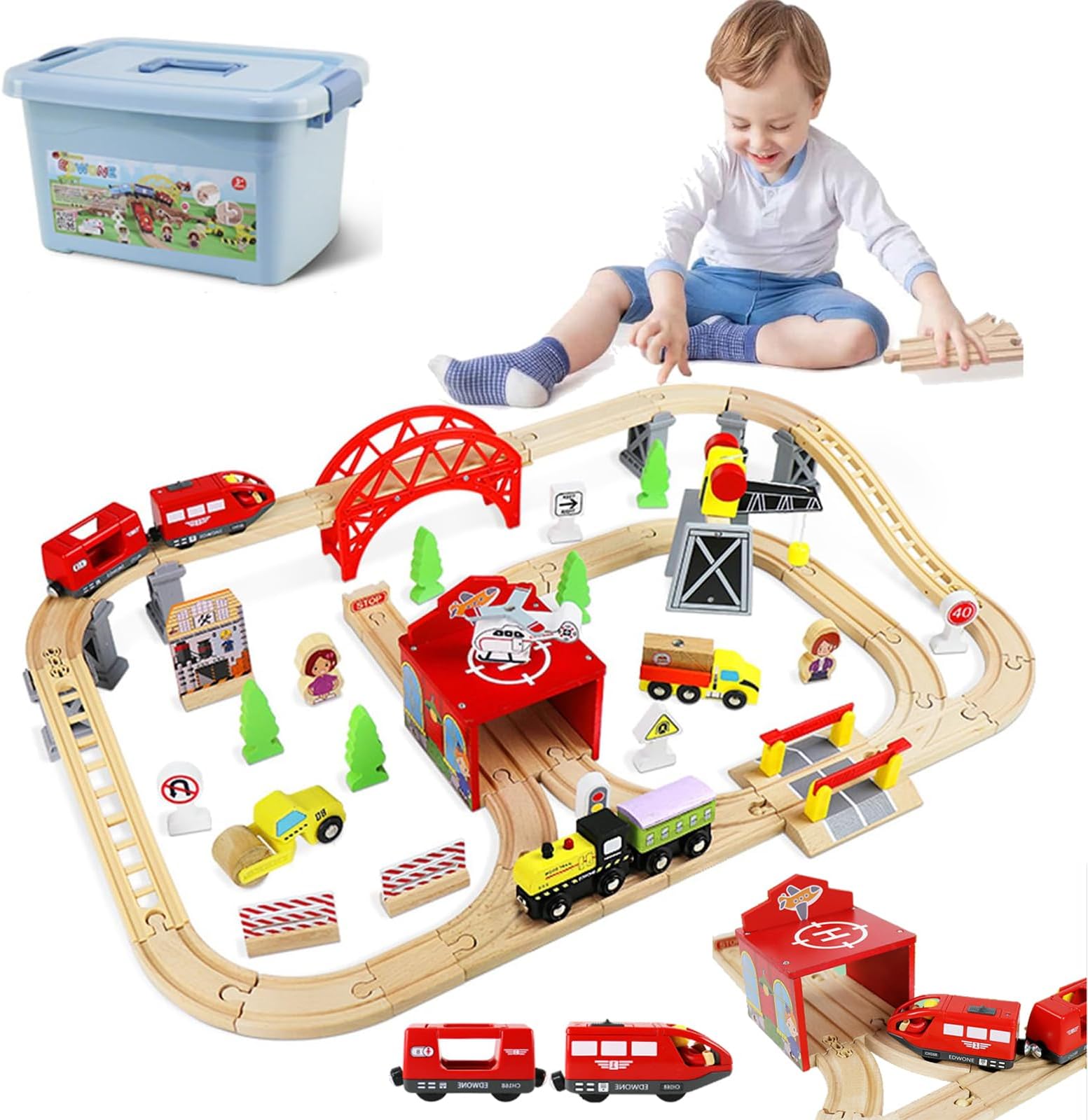 Beauenty Train Set, 85PCS Wooden Train Tracks & Trains for Kids ...
