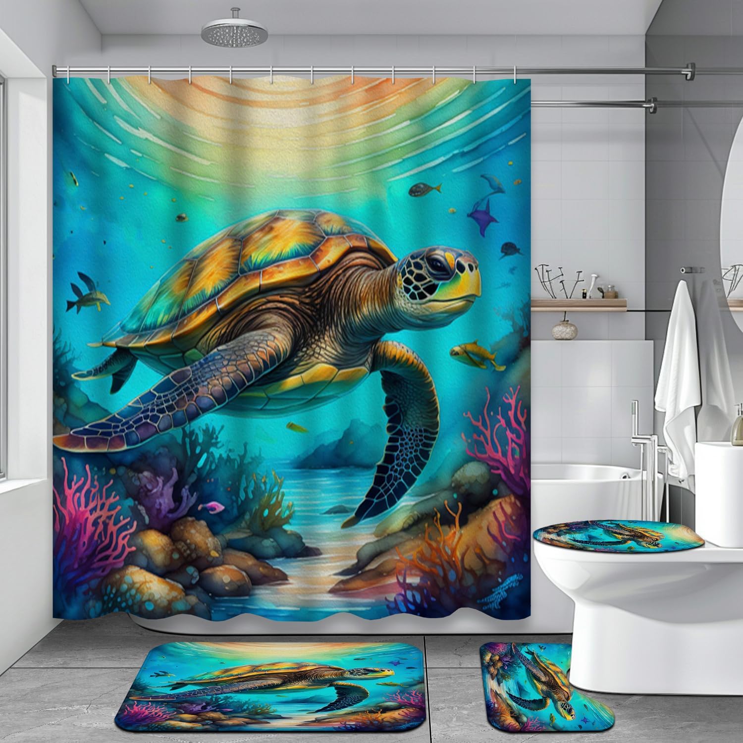 Amazon.com: 4 Pcs Turtle Bathroom Shower Curtain Sets with Rugs ...