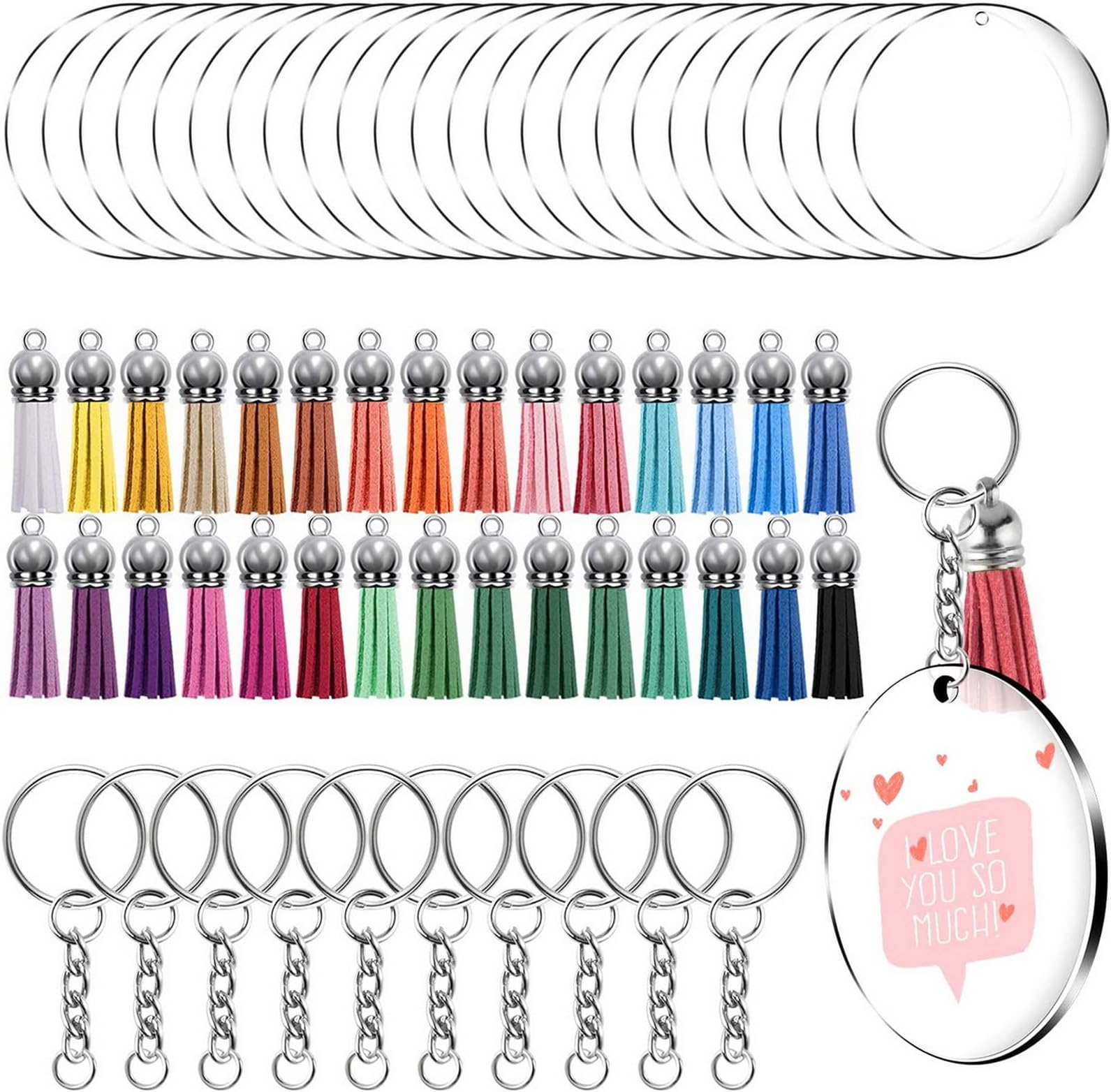 180 Pcs Acrylic Circle Blanks Keychain Tassels Set Transparent Round ...
