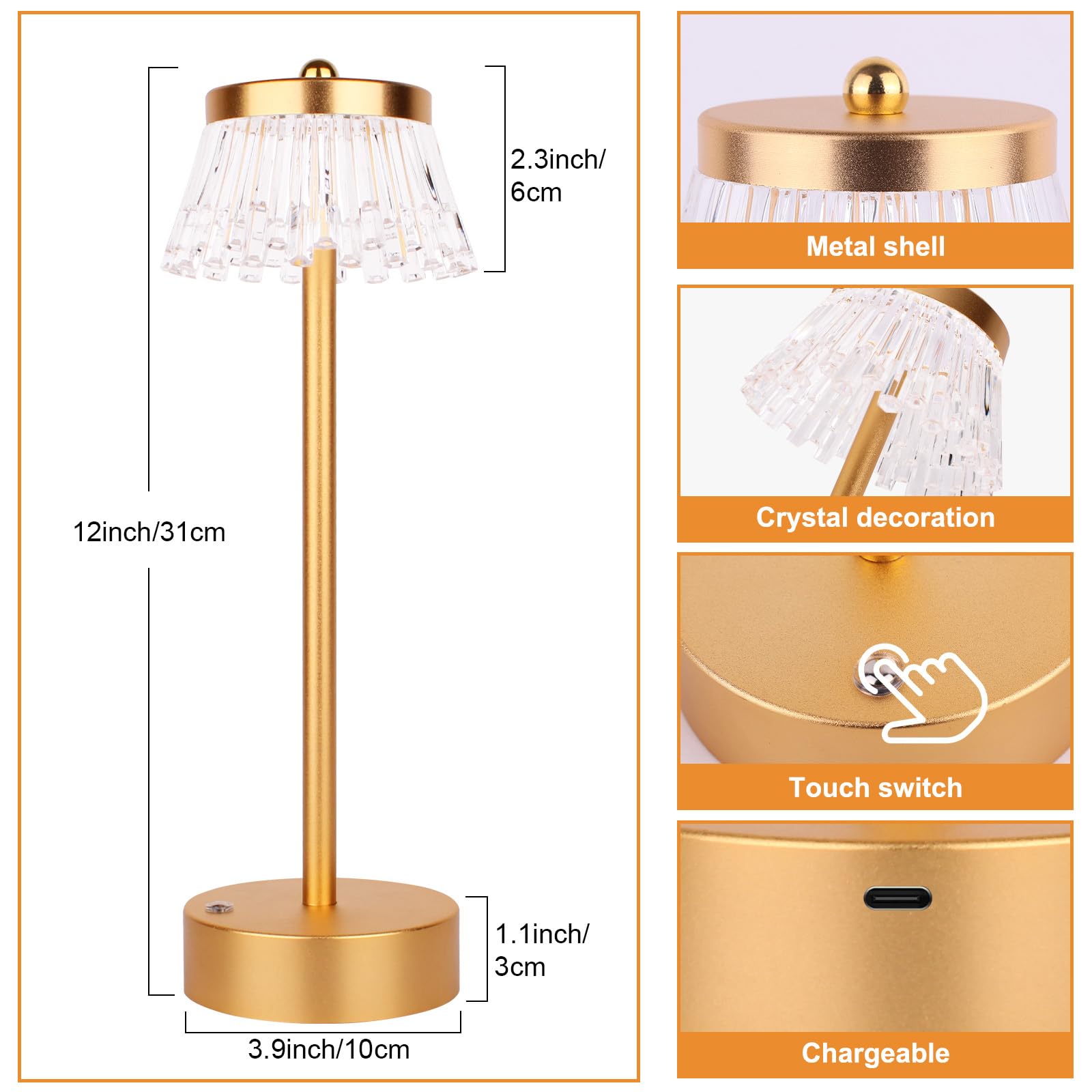 Snapklik.com : Cordless Gold Table Lamp, Rechargeable Battery Powered ...