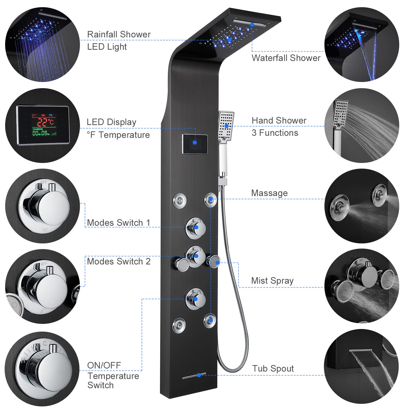 Snapklik.com : MENATT LED Light Shower Panel Black, Stainless Steel ...