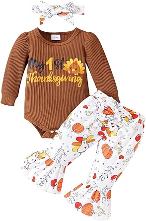 Amazon.com: LAGKIYOJ My First Thanksgiving Baby Girl Outfit Long Sleeve Turkey Romper Flare ...