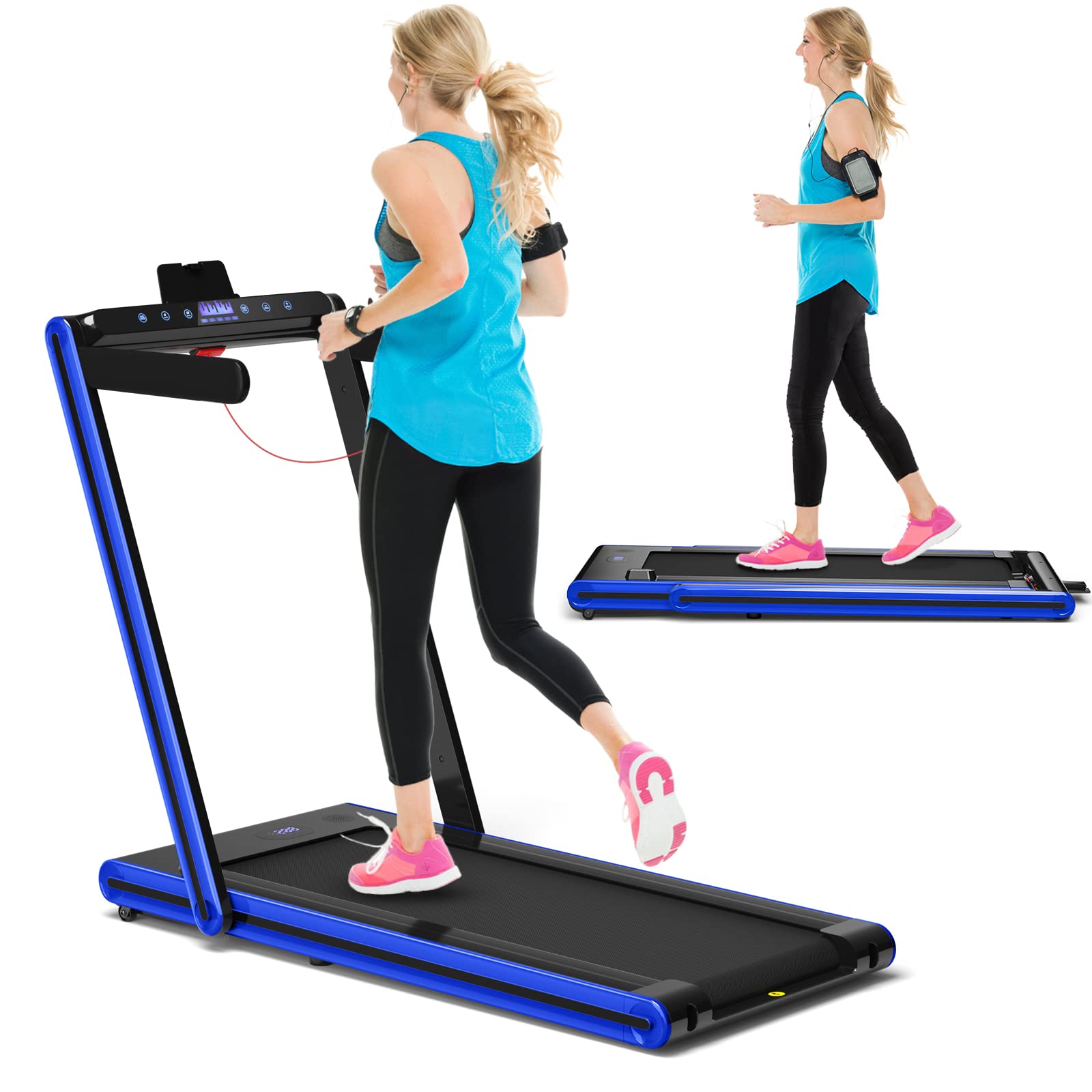 GYMAX 2 in 1 Under Desk Treadmill, Folding Running Machine with Dual ...