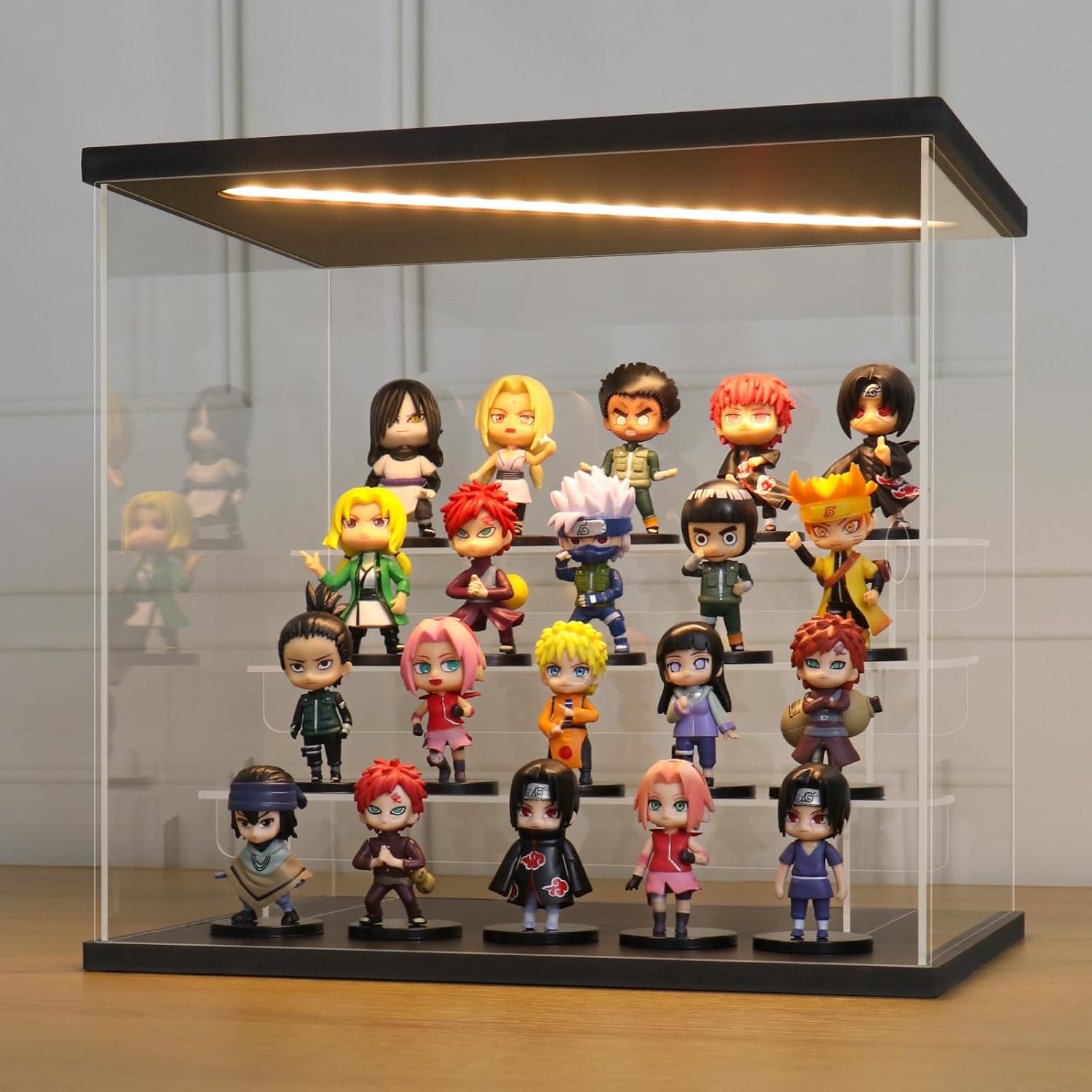 LANSCOERY Clear Acrylic Display Case with Led Light 4 Tier Black Base ...