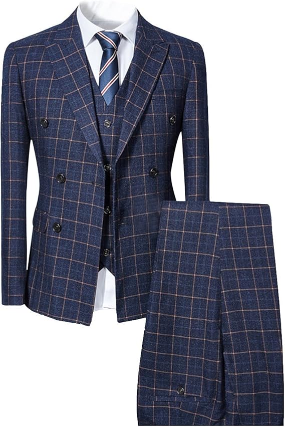 Mens Blue Slim Fit 3 Piece Checked Suits Double Breasted Vintage ...