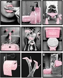 Amazon.com: AKBOK 9PCS Exquisite Pink Bathroom Art Poster Elegant ...