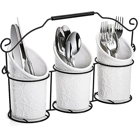 Bekith 3-Piece Ceramic Silverware Caddy with Metal Rack, Utensil Holder ...