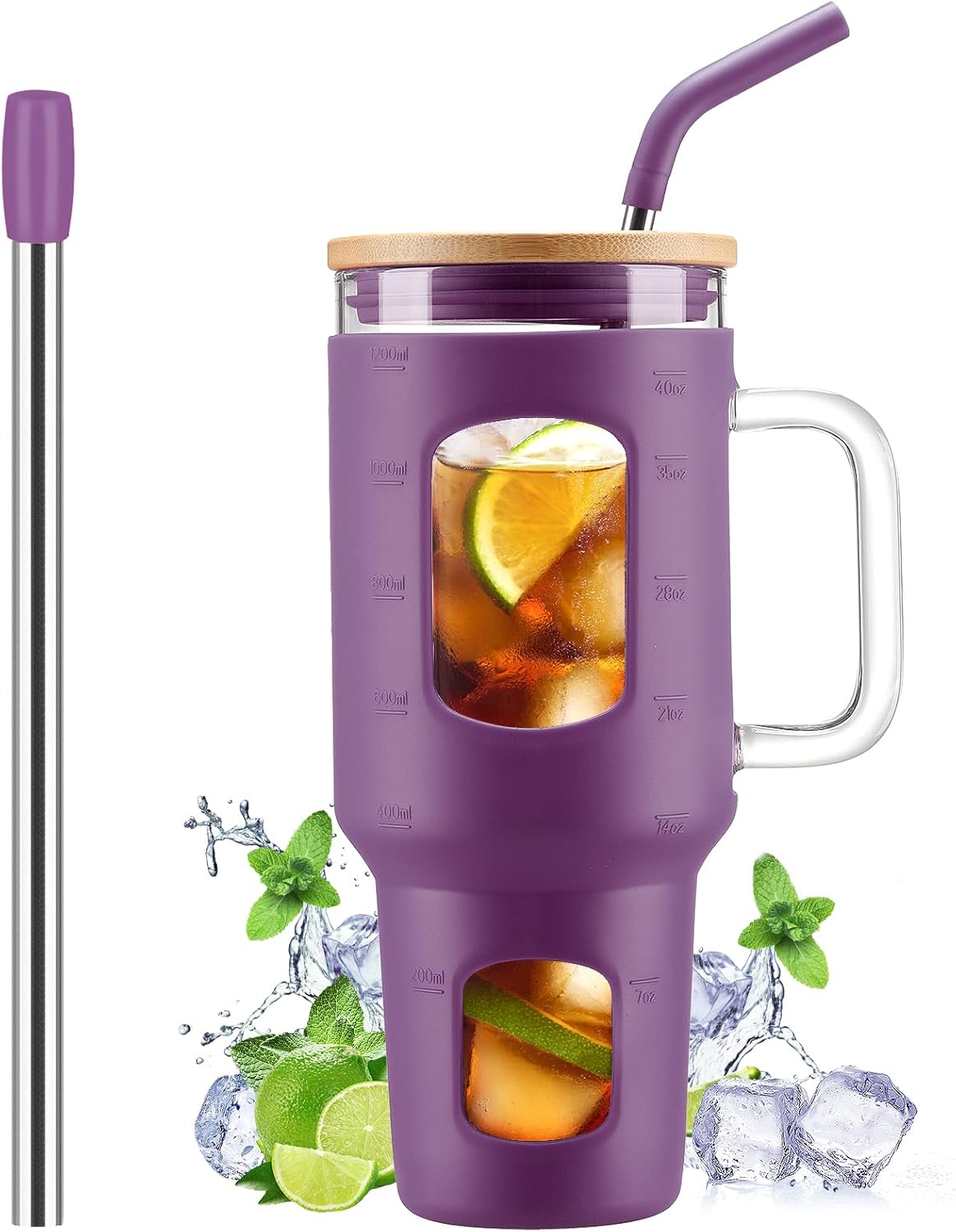 Amazon.com | WINSA Glass Tumbler with Straw and Lid, 40 oz glass cup ...