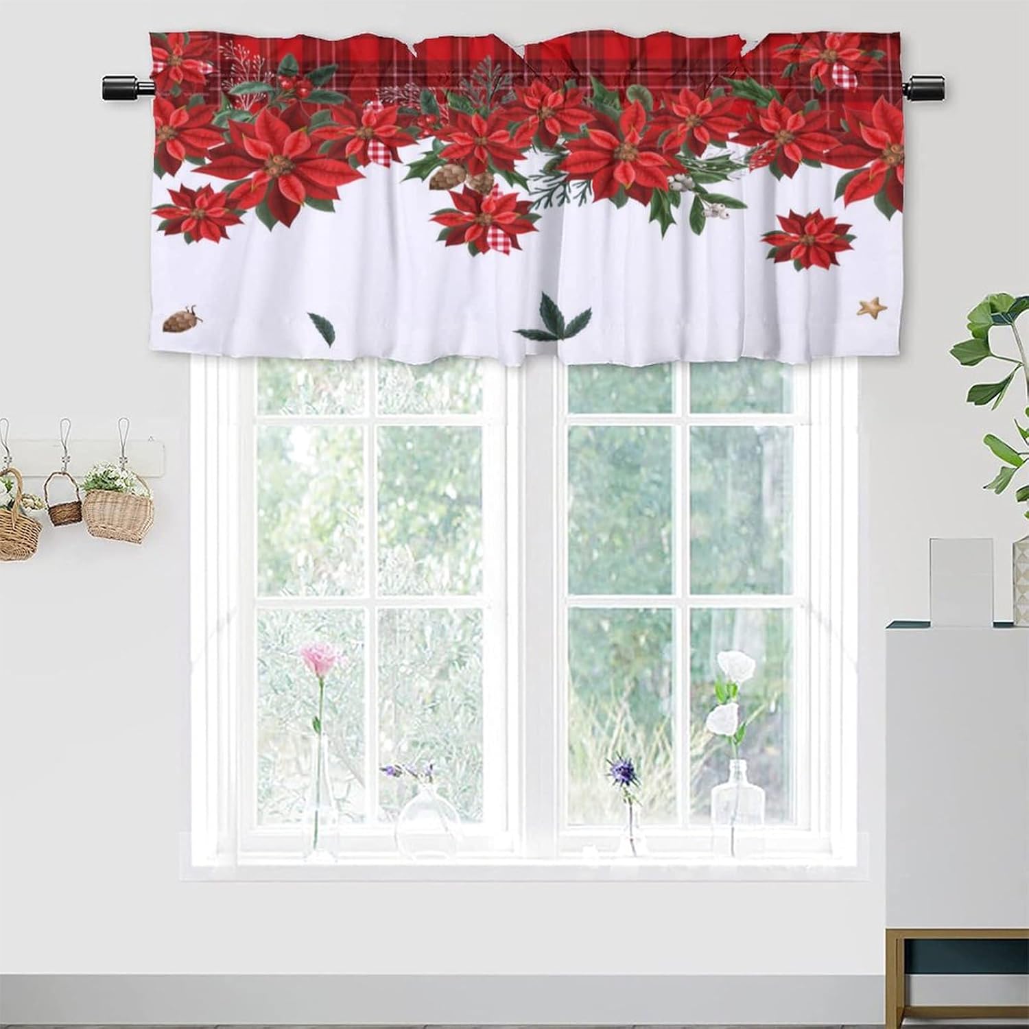 Brebasf Flowers Red Black Plaid Christmas Curtains Valance,Rod Pocket ...