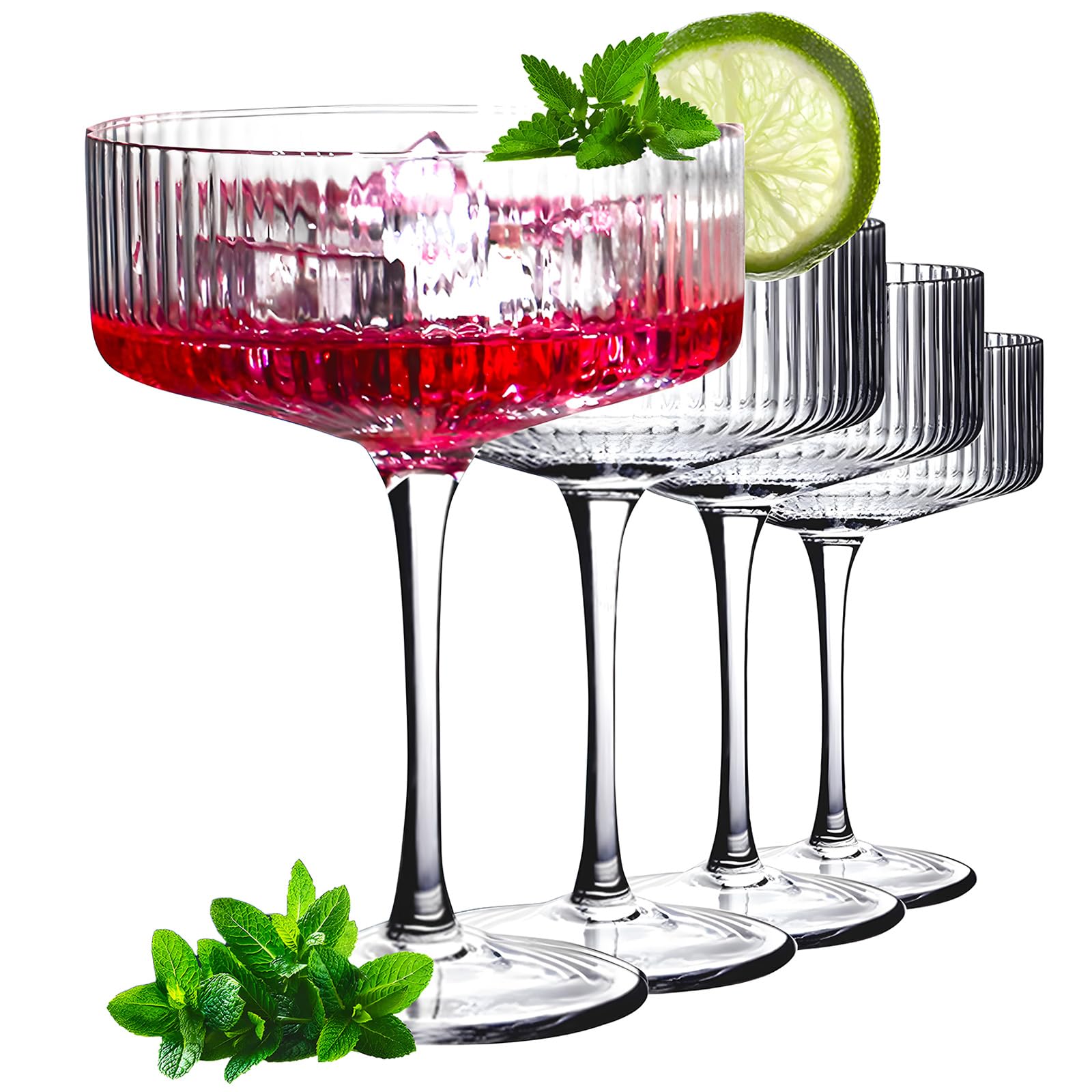 MOTYYA Ribbed Coupe Glasses 4 Pcs Set, 10 oz Vintage Cocktail Coupe ...