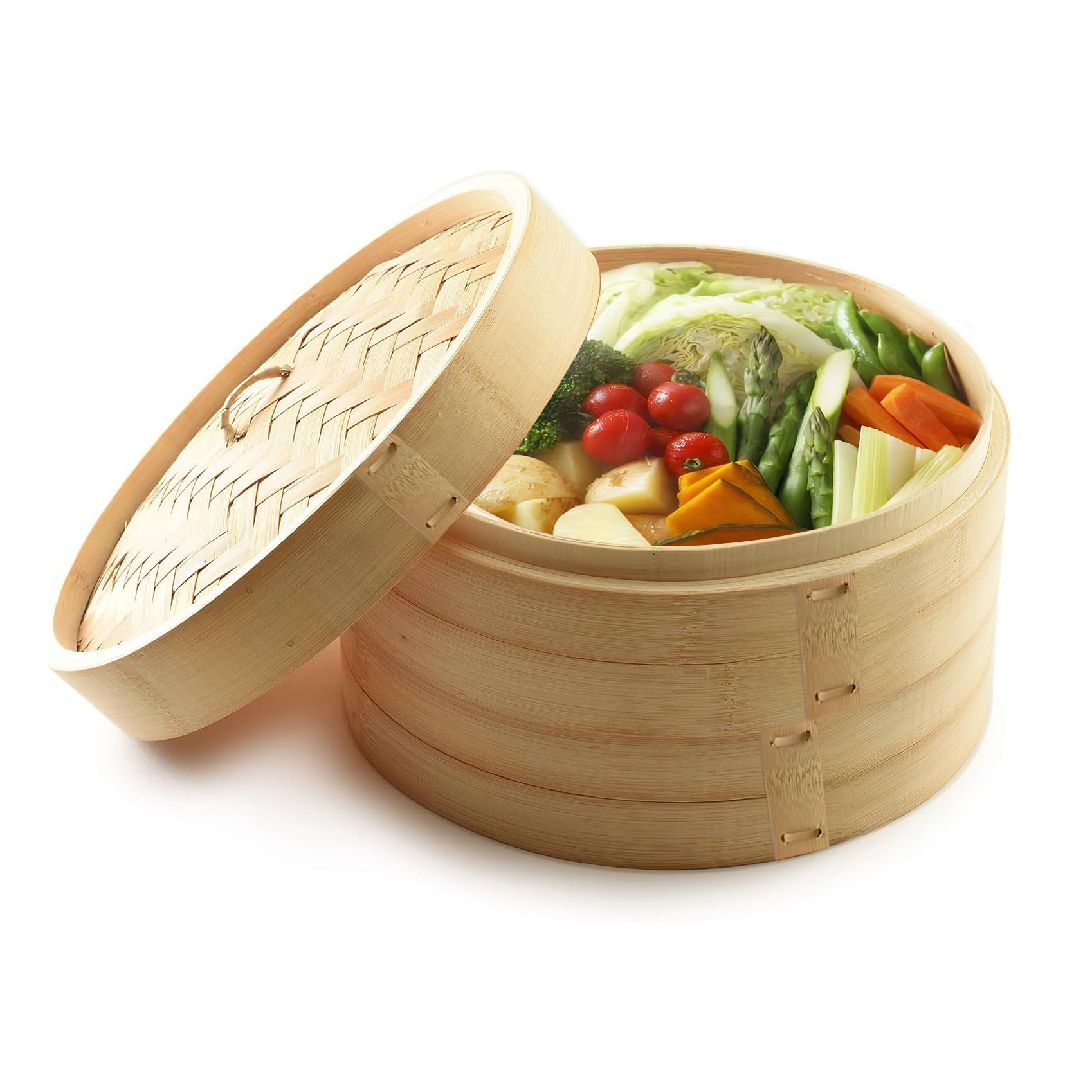 Amazon.com: MineSign 12 Inch Bamboo Steamer 2 Tier Vegetable Steaming ...