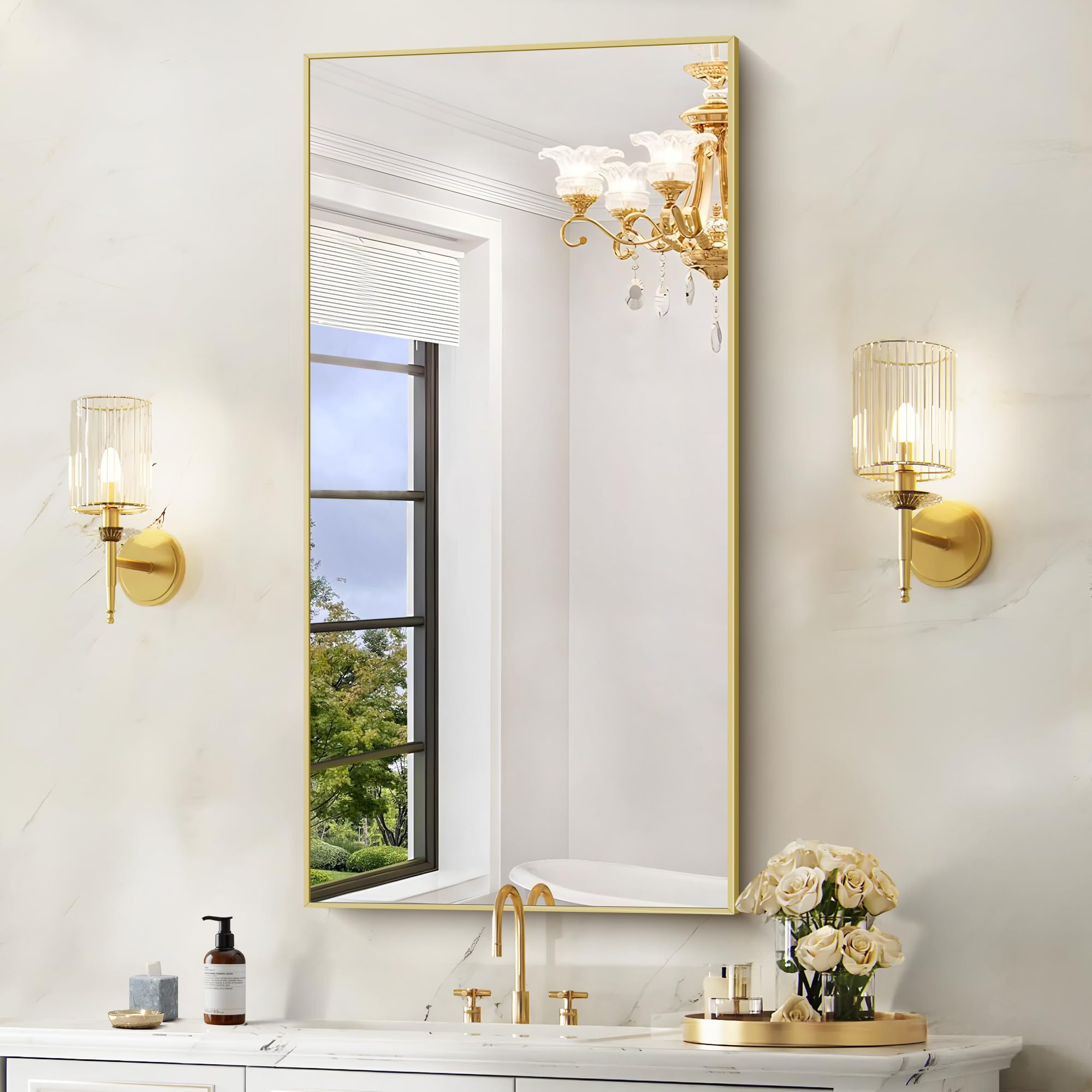 Amazon.com: COFENY 48x24In Gold Bathroom Mirror for Wall, Brushed Gold Rectangle Mirrors with ...