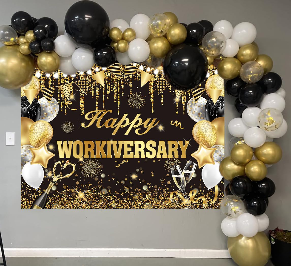 Snapklik.com : Happy Work Anniversary Banner Backdrop 7x5FT Black Gold ...