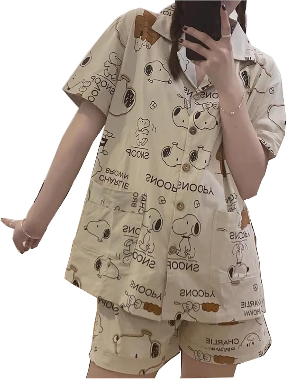 Amazon | [Baoyejia] スヌーピー パジャマ レディース 綿100% 2点セット 寝巻き ホームウェア 半袖 短パンツ 前開き ...