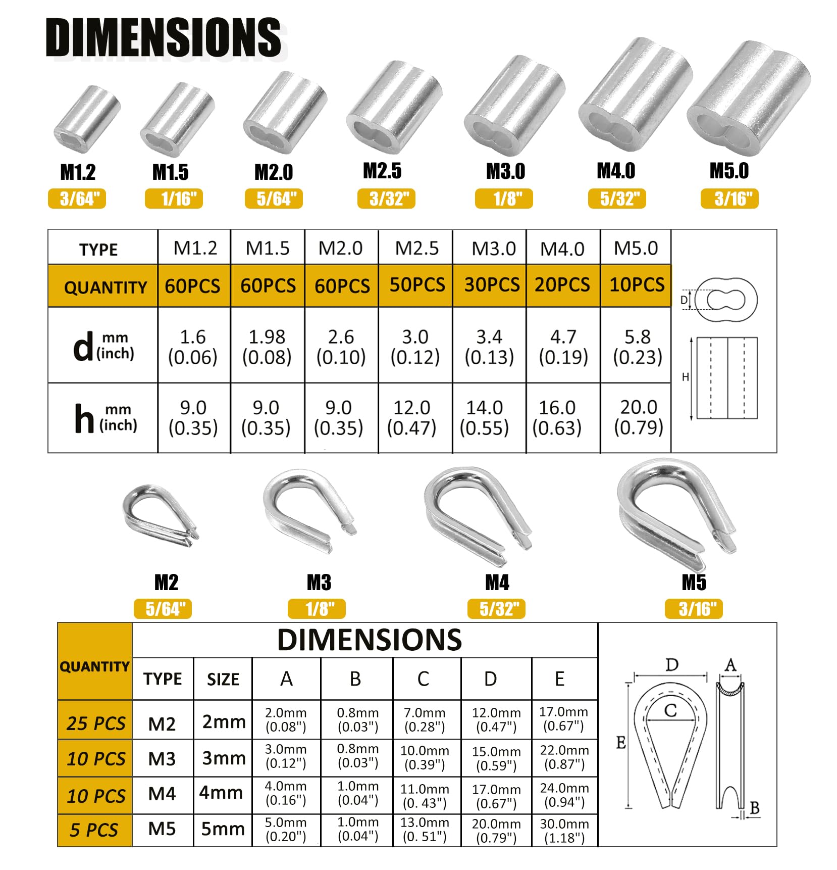 Snapklik.com : 340Pcs 304 Stainless Steel Wire Rope Cable Thimbles ...