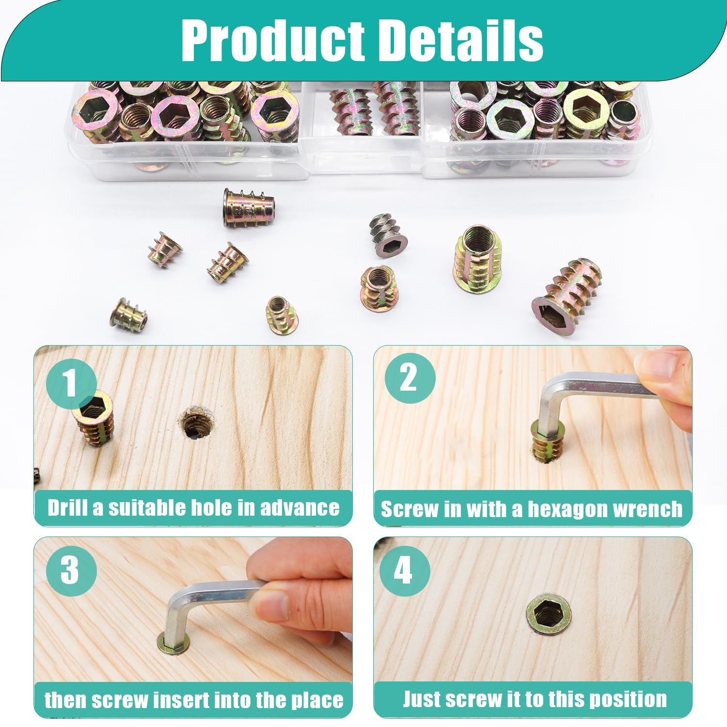 Snapklik.com : 100PCS Threaded Inserts Nuts,6 Sizes Wood Threaded Insert Kit,Furniture Screw In ...