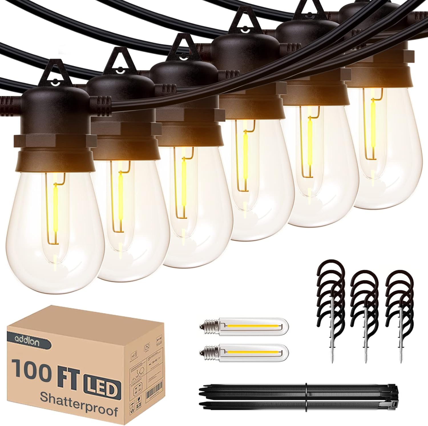 addlon 100FT(2-Pack*50FT) LED Outdoor String Lights with Dimmable ...