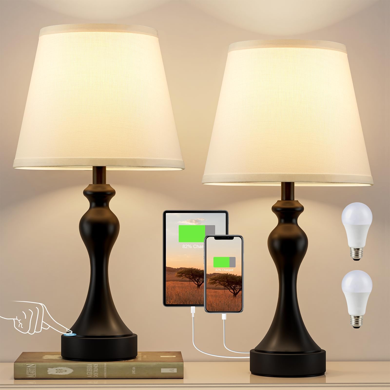 Bedroom Table Lamps Set of 2 - Beige Gold Touch Bedside Lamps with USB ...