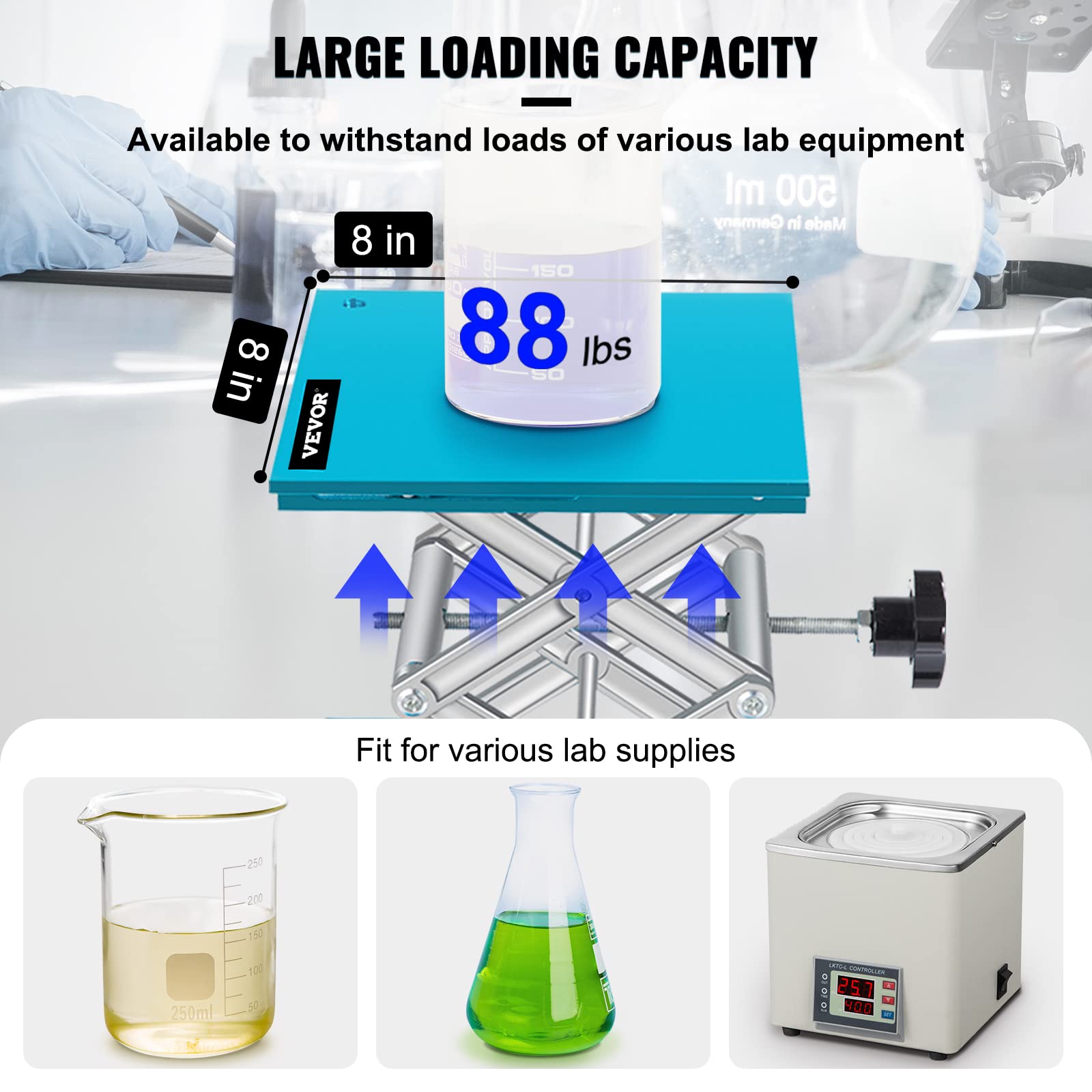 VEVOR Lab Jack Stand, 8" x 8" Aluminum Oxide Lab Lift Jack with 2.4"-12" Adjustable Height ...