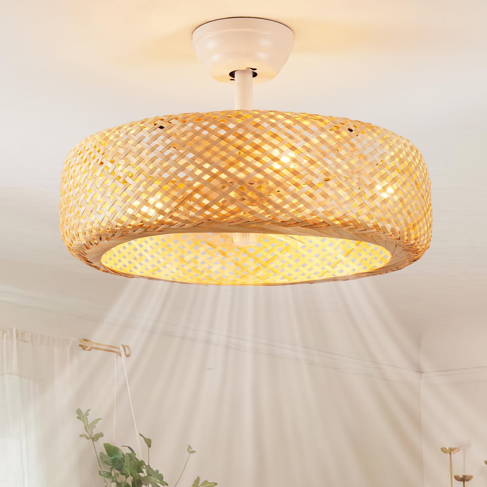 Dimmable Rattan Boho Ceiling Fan with Light Flush Mount, 20 Inch Caged ...