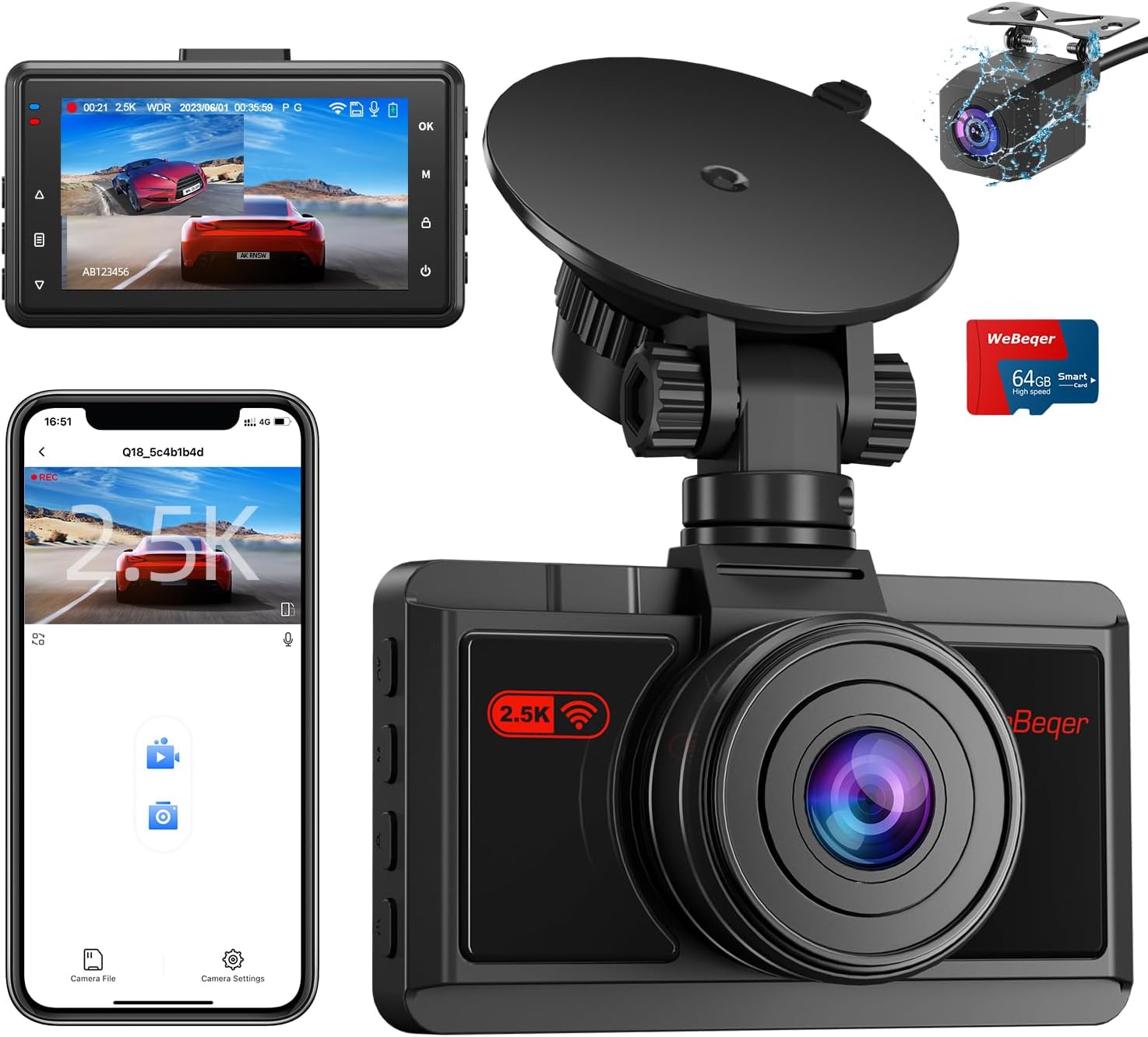 Amazon.com: Dash Cam Front and Rear with WiFi, 2.5K Front & 1080P Rear ...