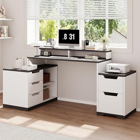 Amazon.com: MaverickFurni L Shaped Desk with File Drawers & Storage ...