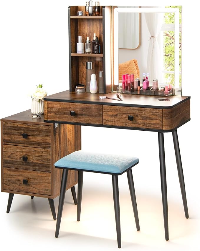 COSTWAY Dressing Table and Stool Set with 3-Color LED Lights Mirror ...