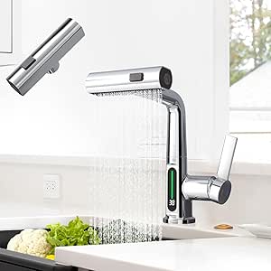 Pull-Out Waterfall Kitchen Tap with Temperature Display, Kitchen Tap ...